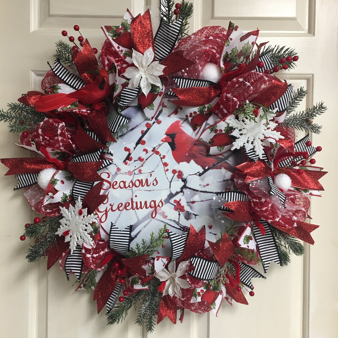 Season's Greetings Red Bird Christmas Wreath, Christmas Red Bird Wreath ...