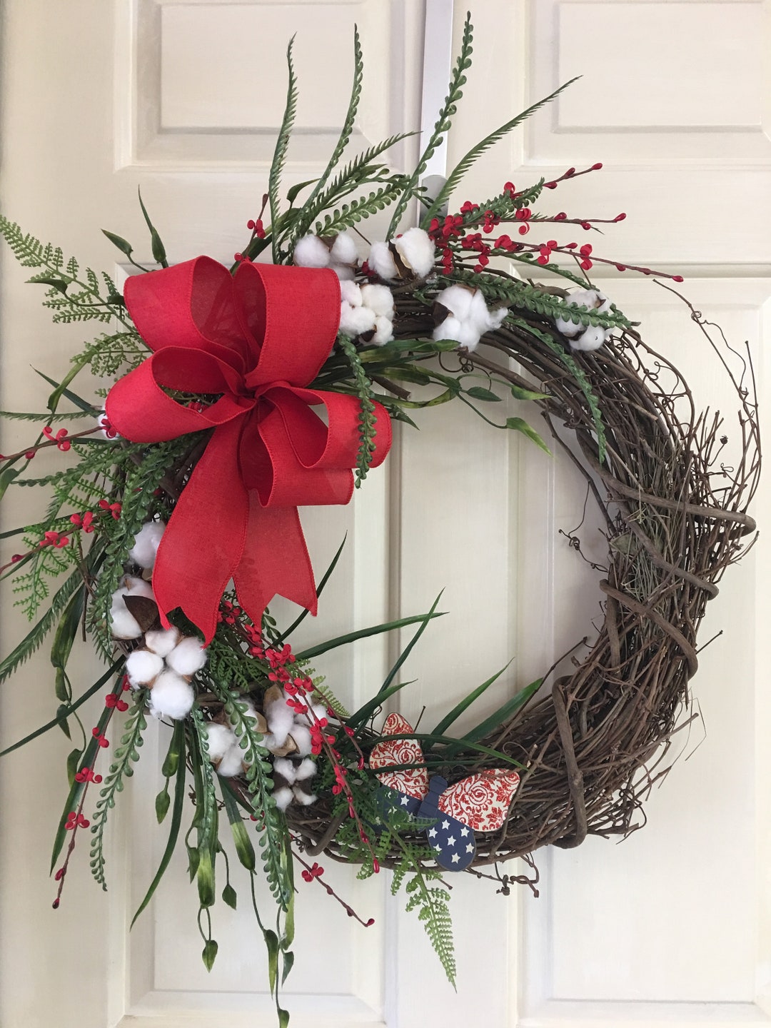 Farmhouse Wreath, Country Wreath, American Wreath, Cotton Wreath ...