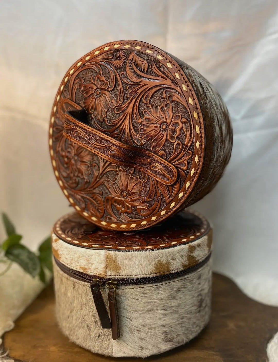 Tooled Floral Round Cowhide Jewelry Box - Etsy