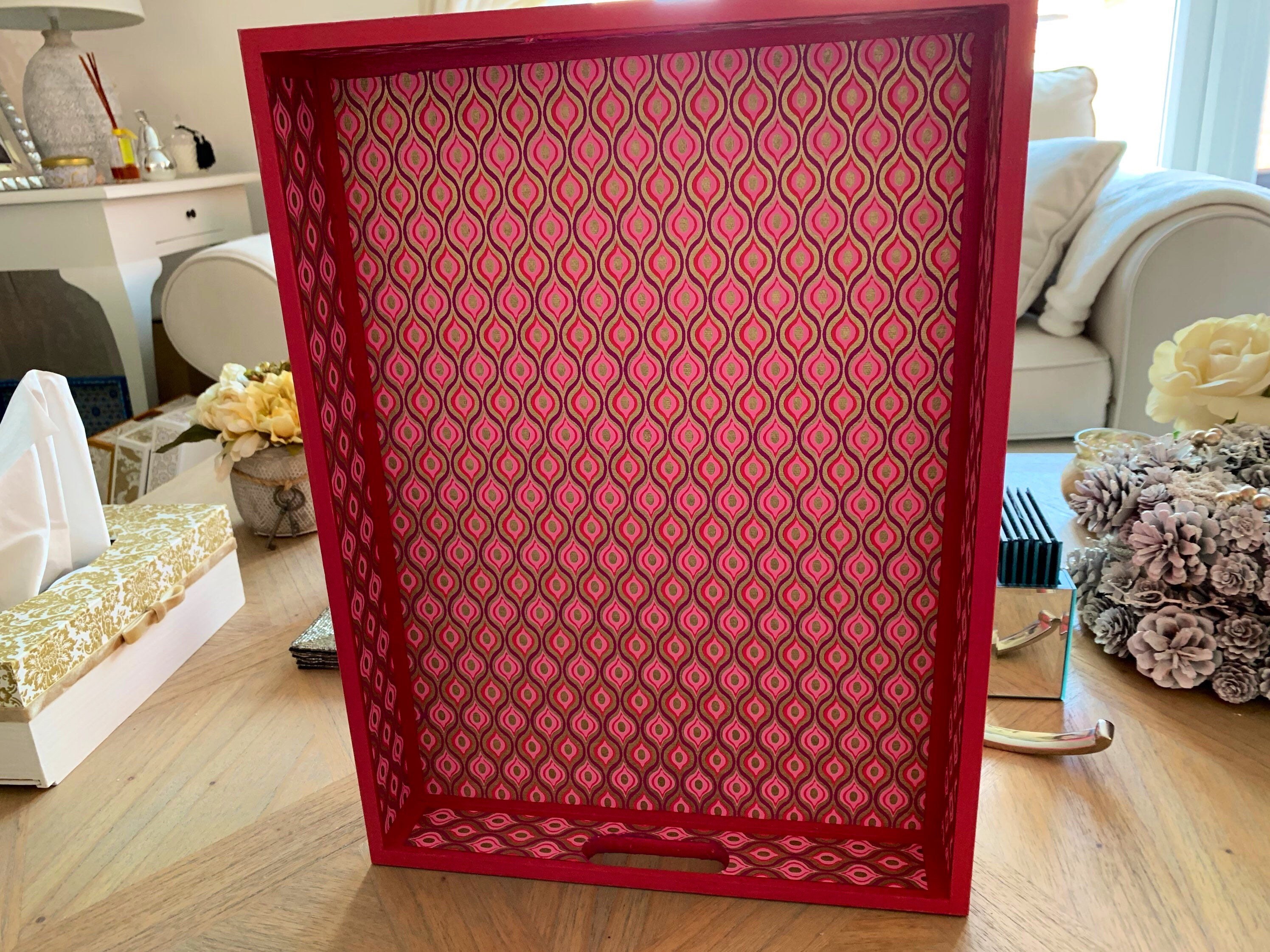 Pink glamour large decoupaged wooden serving tray breakfast | Etsy