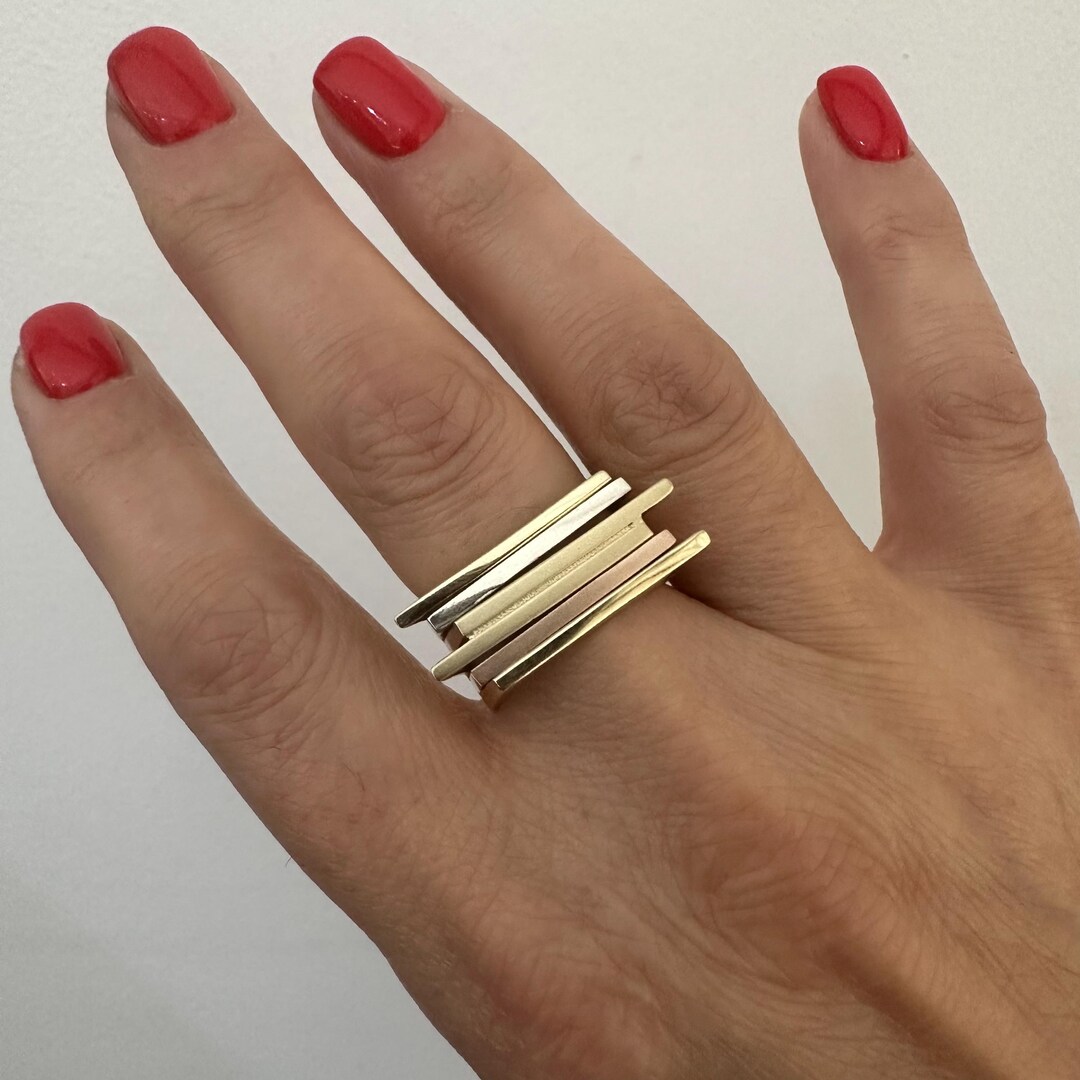 14k Solid Gold Tri Color Ring Three Tone Gold Statement Unusual Ring ...