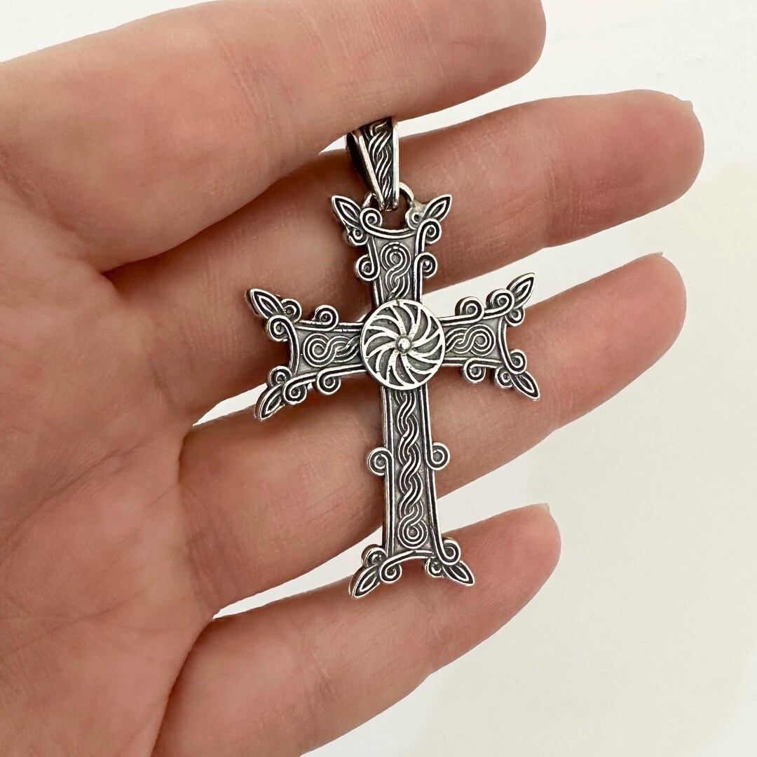 Armenian Save and Protect Mens Cross Pendant Silver Khachkar Chunky ...