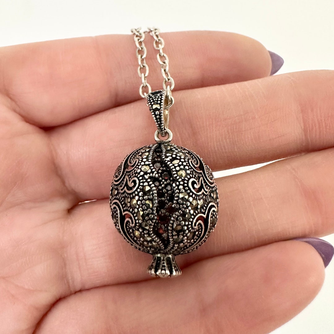 Pomegranate Pendant Sterling Silver 925 on Anchor Chain Marcasite Jewelry Armenian Red CZ ...