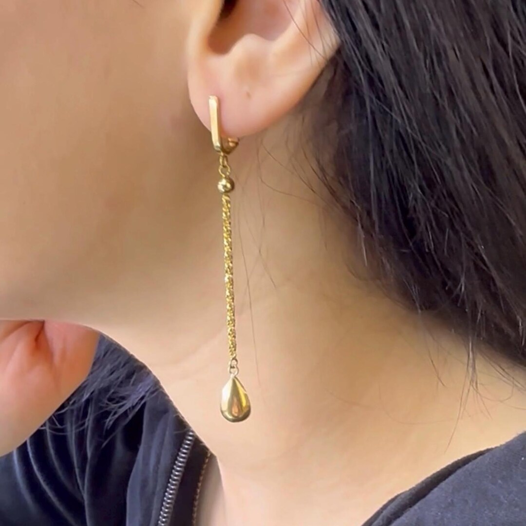14k Gold Drop Earrings Long Dangle Chain Drop Earrings Tiny Drop ...