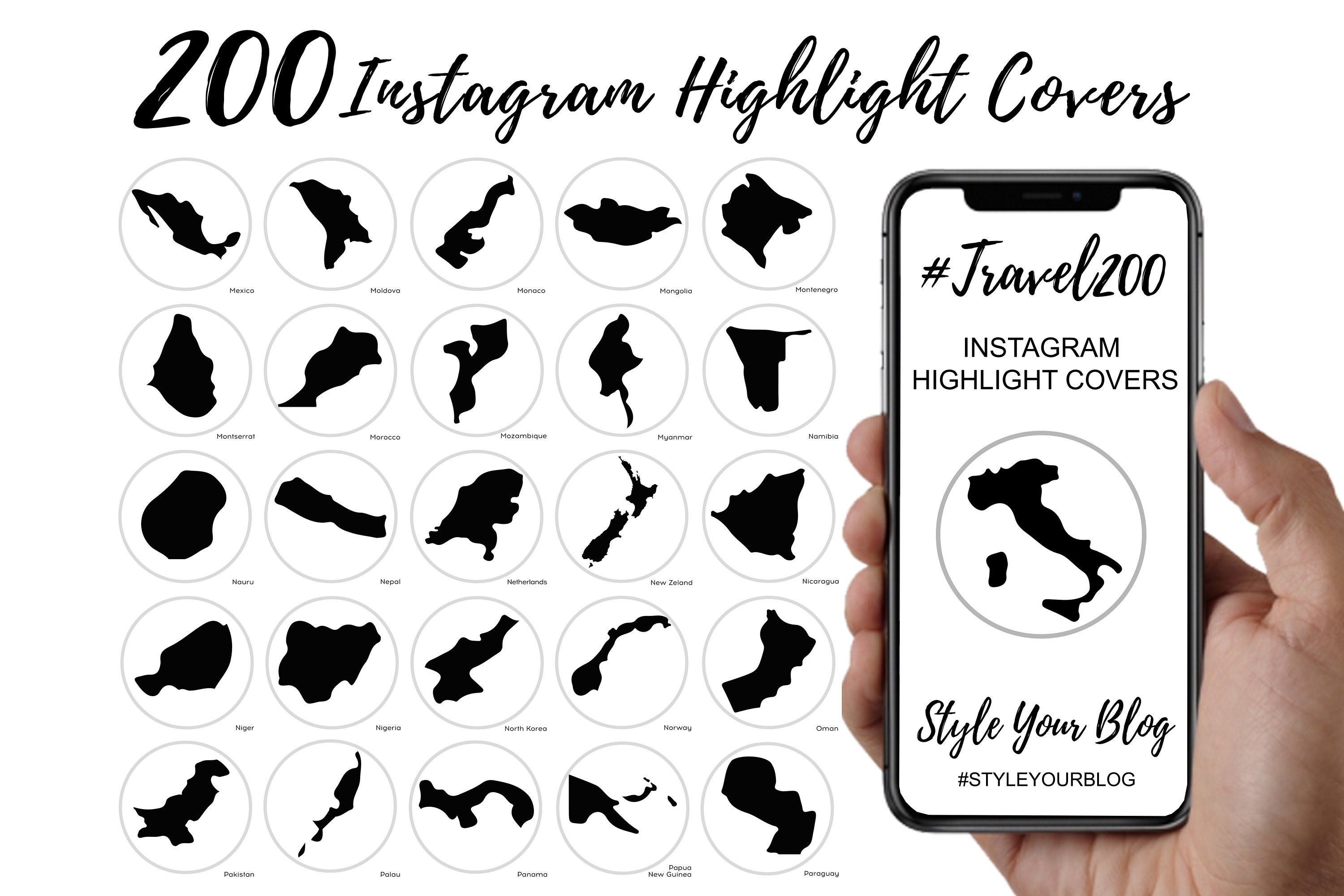 200 Country Outline Maps Travel Highlight Icons Instagram | Etsy