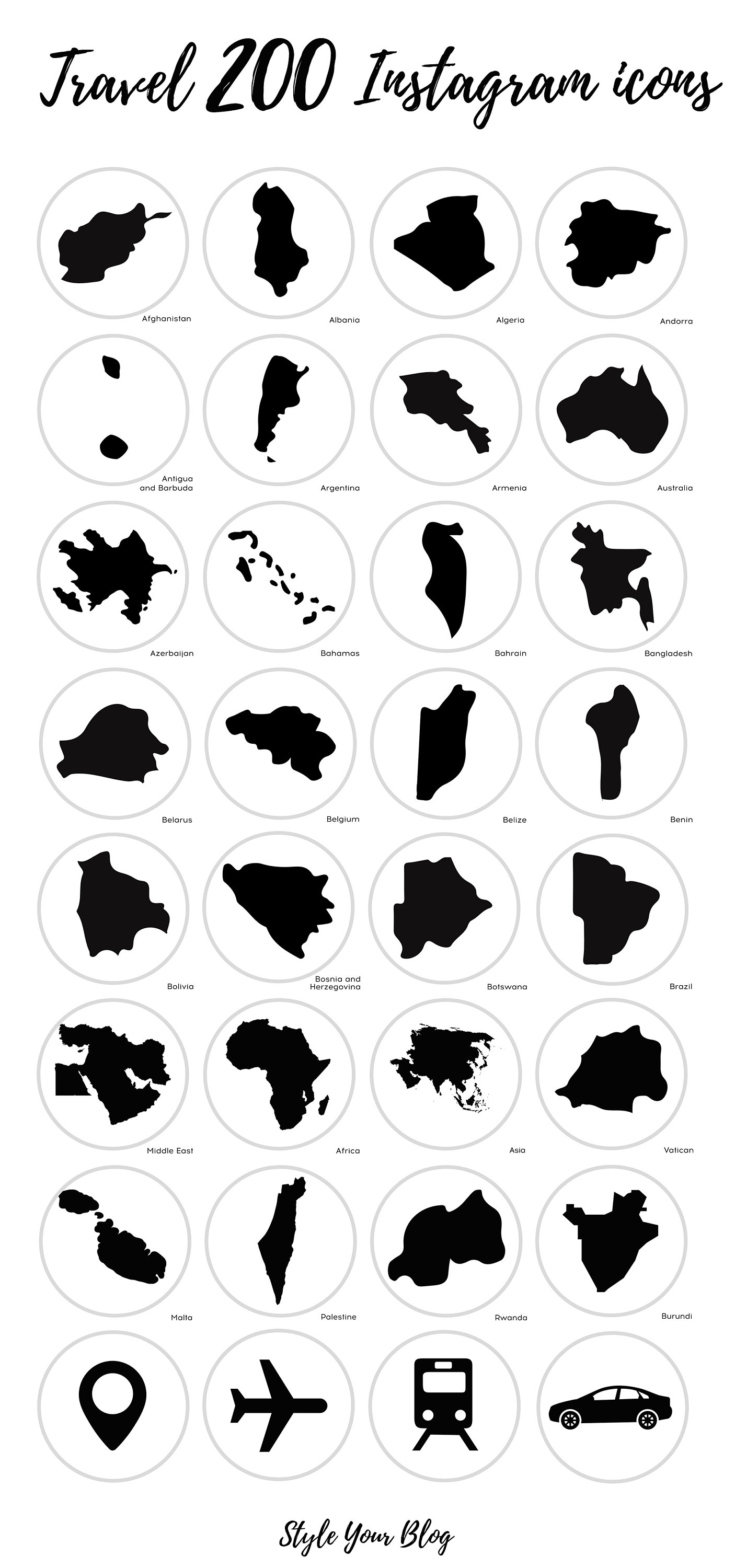 200 Country Outline Maps Travel Highlight Icons Instagram | Etsy
