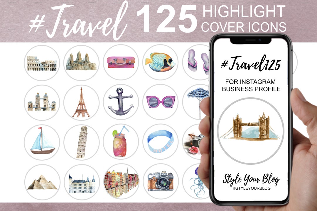 125 Travel Highlight Stories Covers Hand Drawn Watercolor Icons for ...