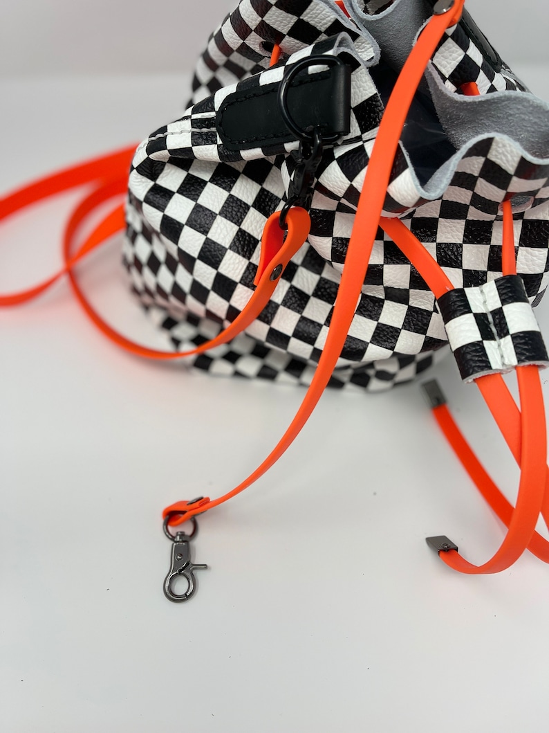 Checkerboard Leather and Neon Orange Drawstring Crossbody Bucket Bag - Etsy