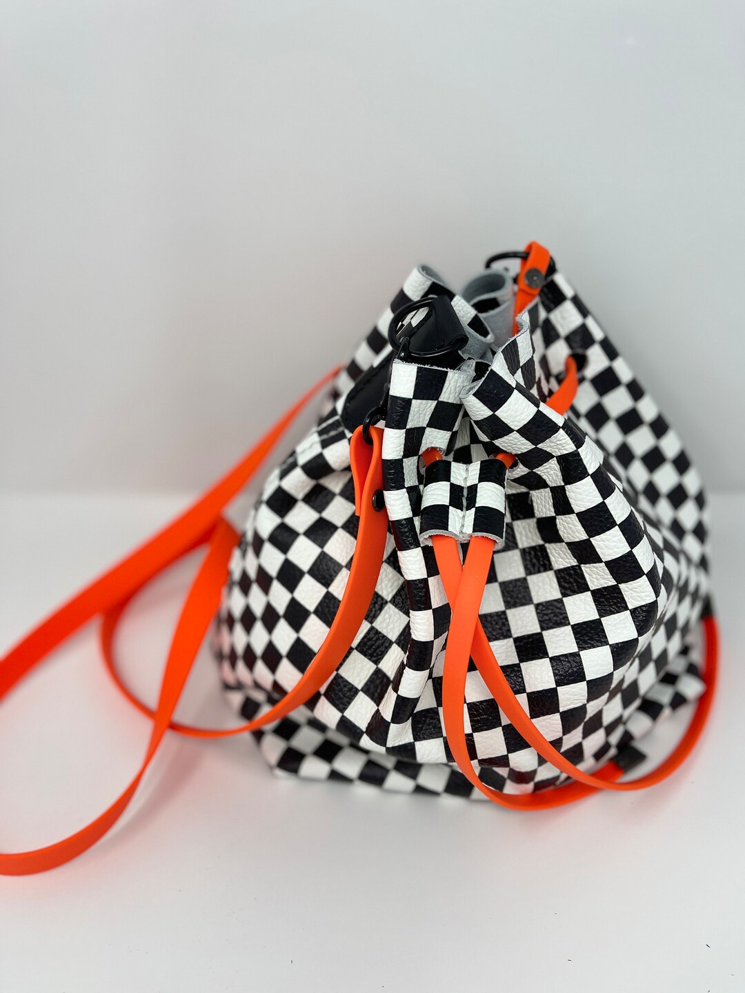 Checkerboard Leather and Neon Orange Drawstring Crossbody Bucket Bag - Etsy