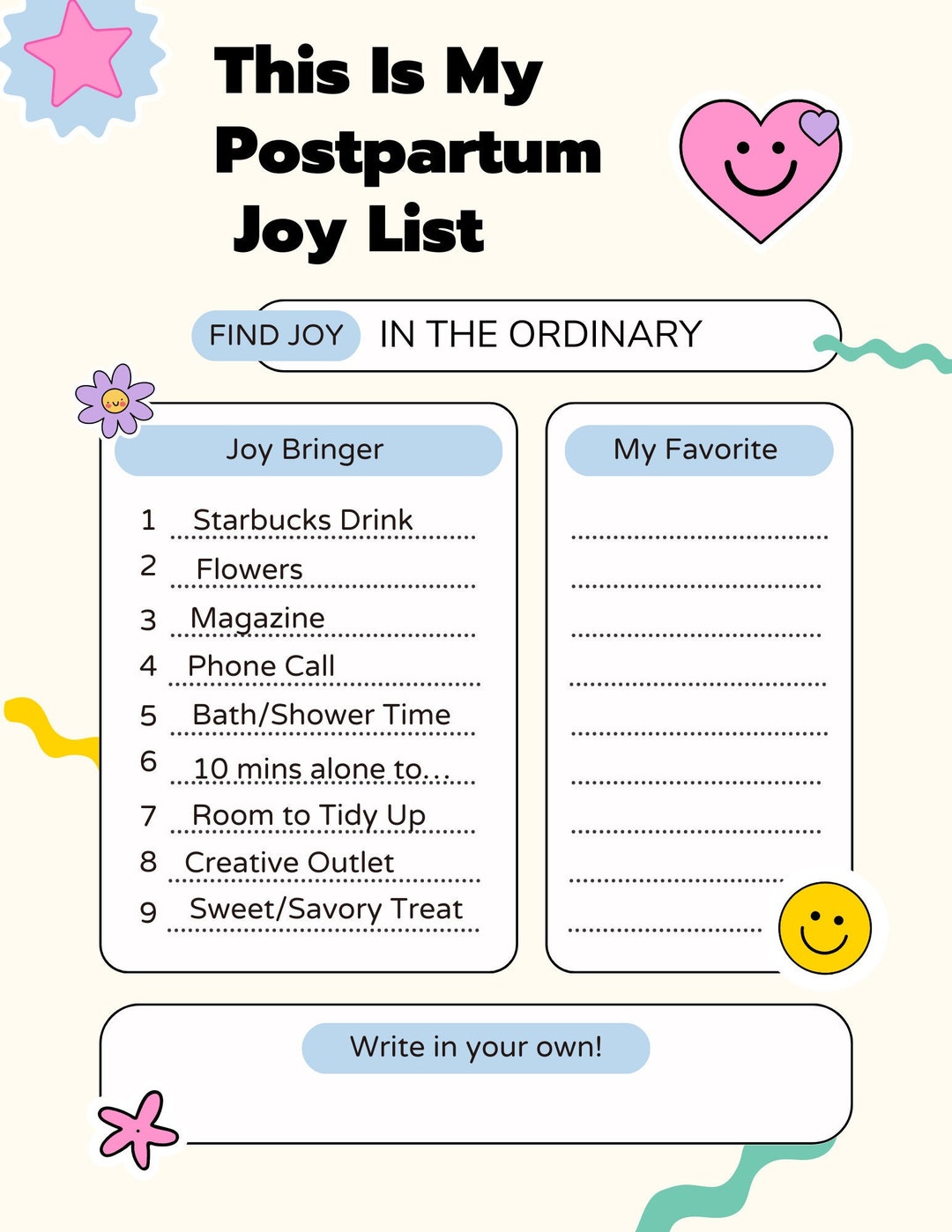 Joy List for Postpartum Client - Etsy