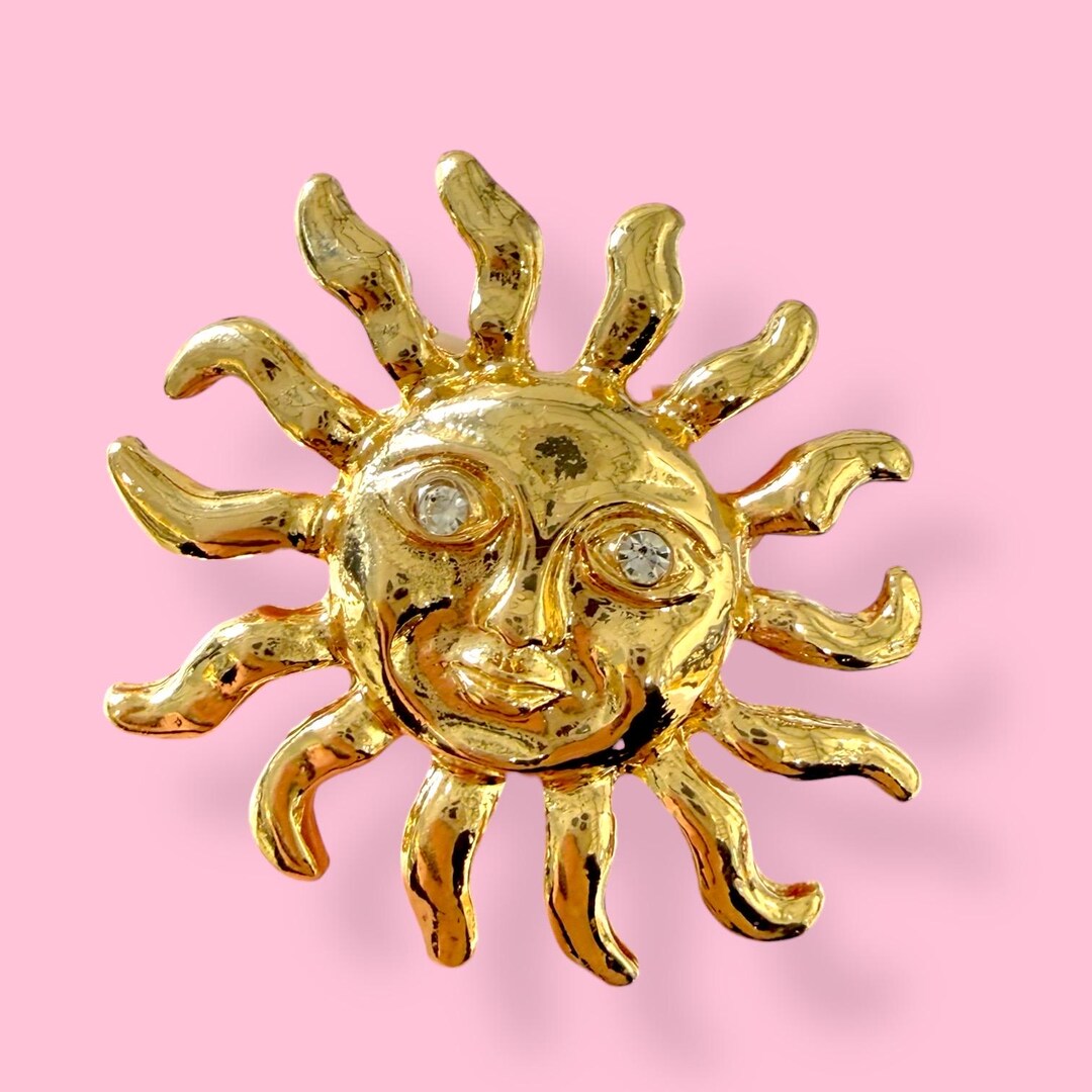 Vintage Gold Tone Sun Face Brooch With Rhinestone Eyes | Whimsical ...