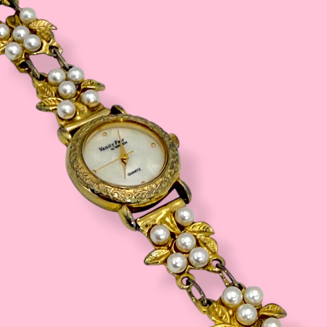 Vintage Vanity Fair Pearl & Gold Tone Bracelet Watch – 1980s Floral ...