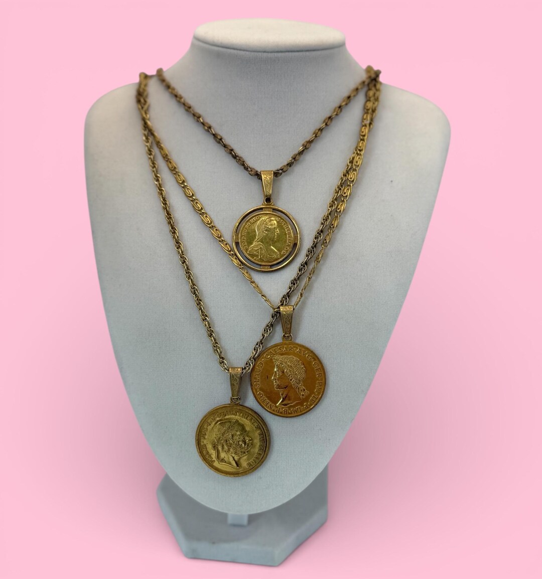 Vintage Miriam Haskell Gold Tone Coin Pendant Necklace Set - Etsy