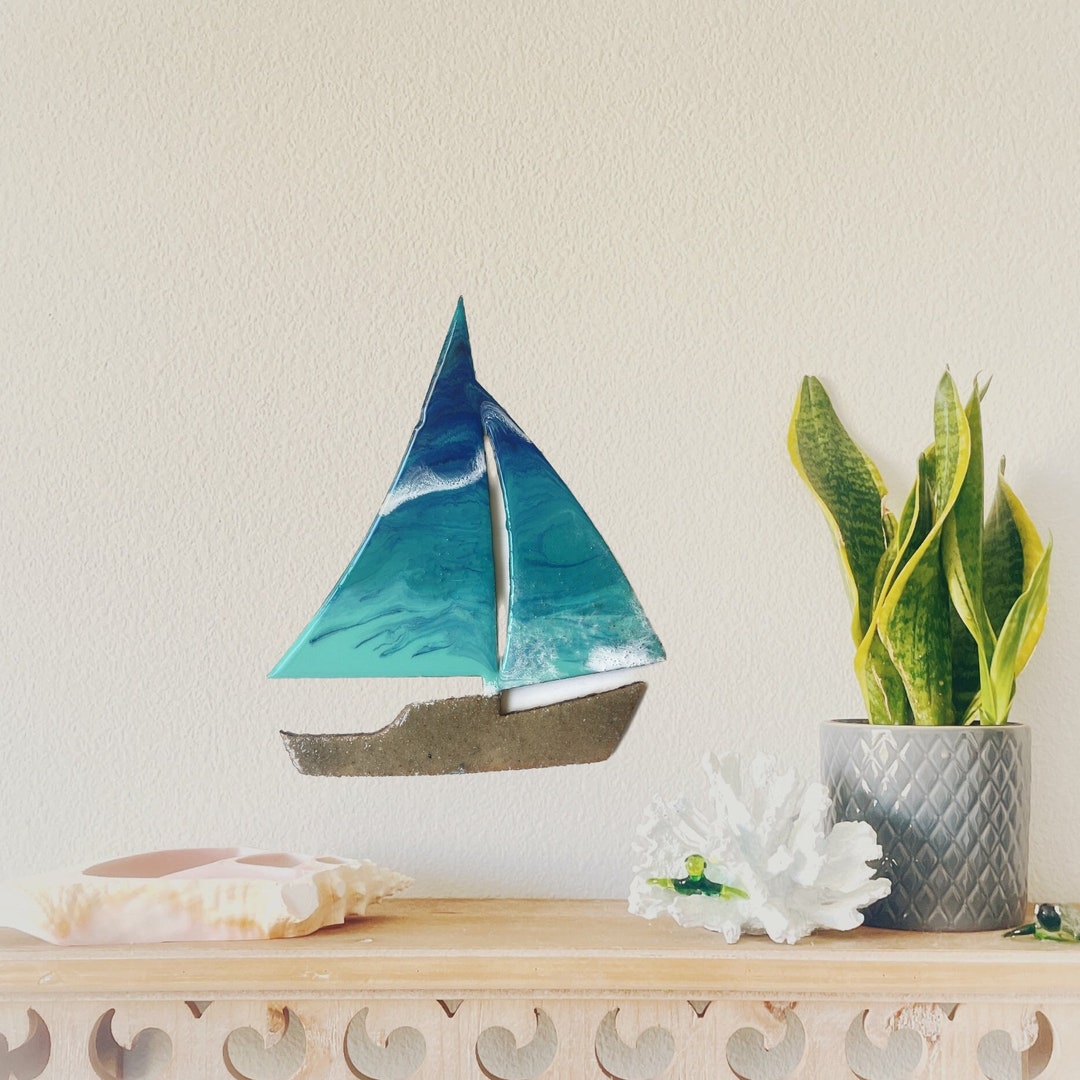Sailboat Art, Beach Resin Art Sail Boat Shape Wall Art, Ocean Kids ...