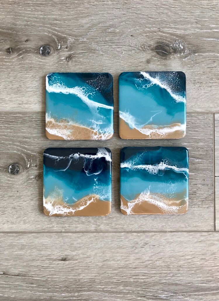 Resin Beach Waves Coastal Square Coasters Wooden Beach Coasters Home ...
