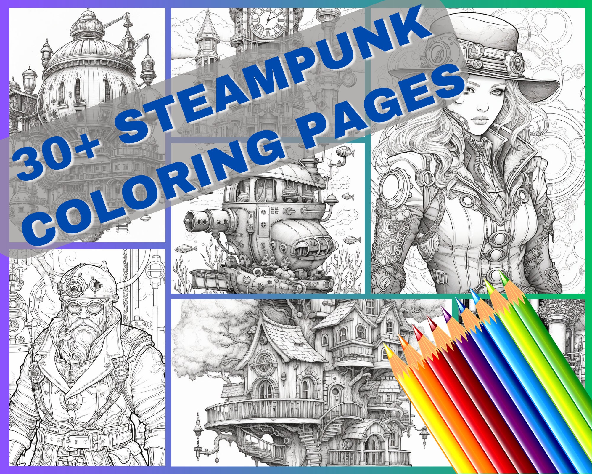 30 Steampunk Coloring Pages, Coloring Pages for Men Women, Adult ...