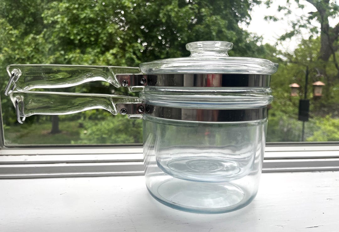 Pyrex Flameware Blue Tinted Glass Double Boiler & Insert W Glass Lid ...