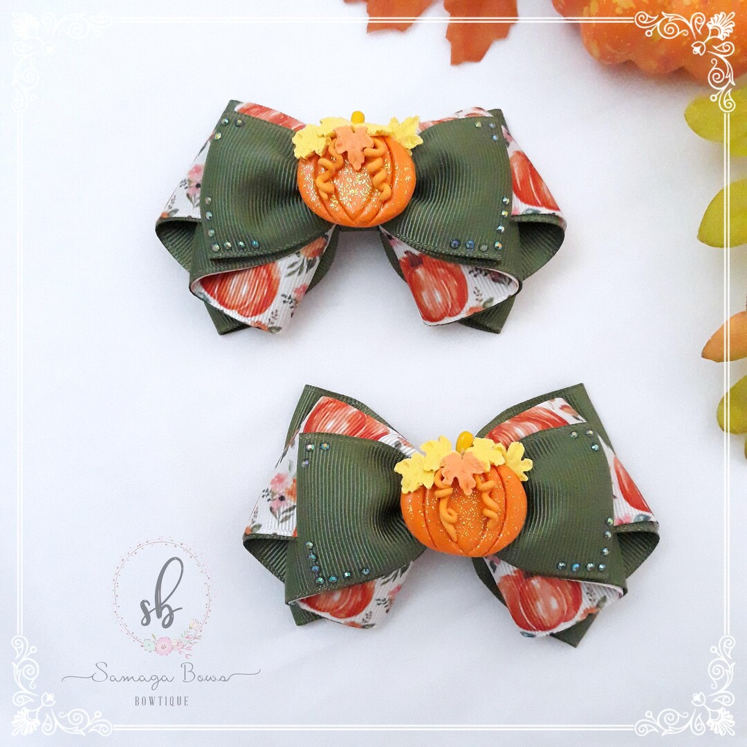 Pumpkin Pigtail Bows, Handmade Clay Centerpiece, Fall Hair Bows (set of ...