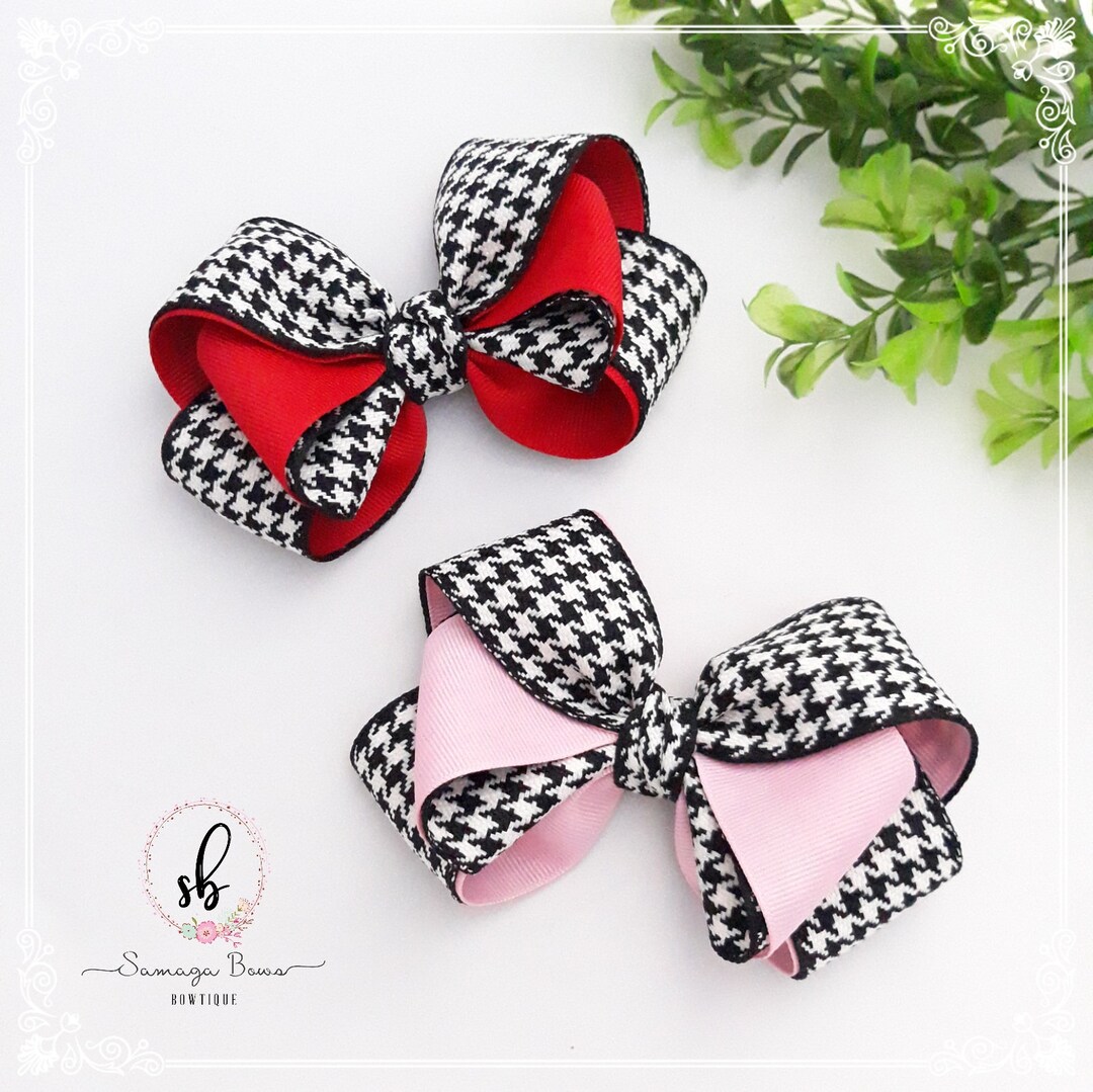 Houndstooth Hair Bow, Pink or Red Ribbon, Alligator Clip - Etsy