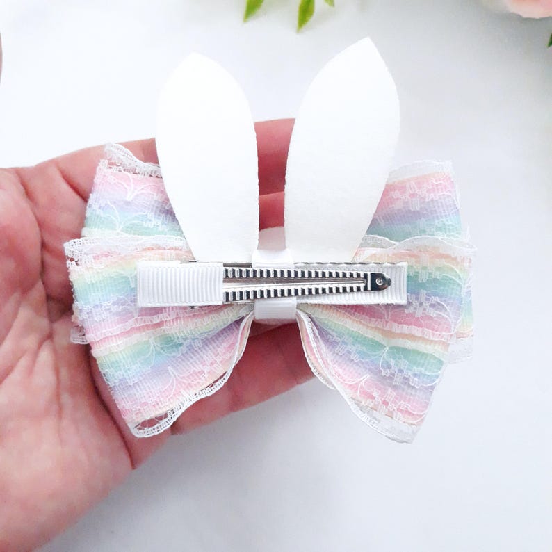 Easter Bunny Hair Bow, Pastel Rainbow Bow, Bunny Ears Hair Bow, Lace ...
