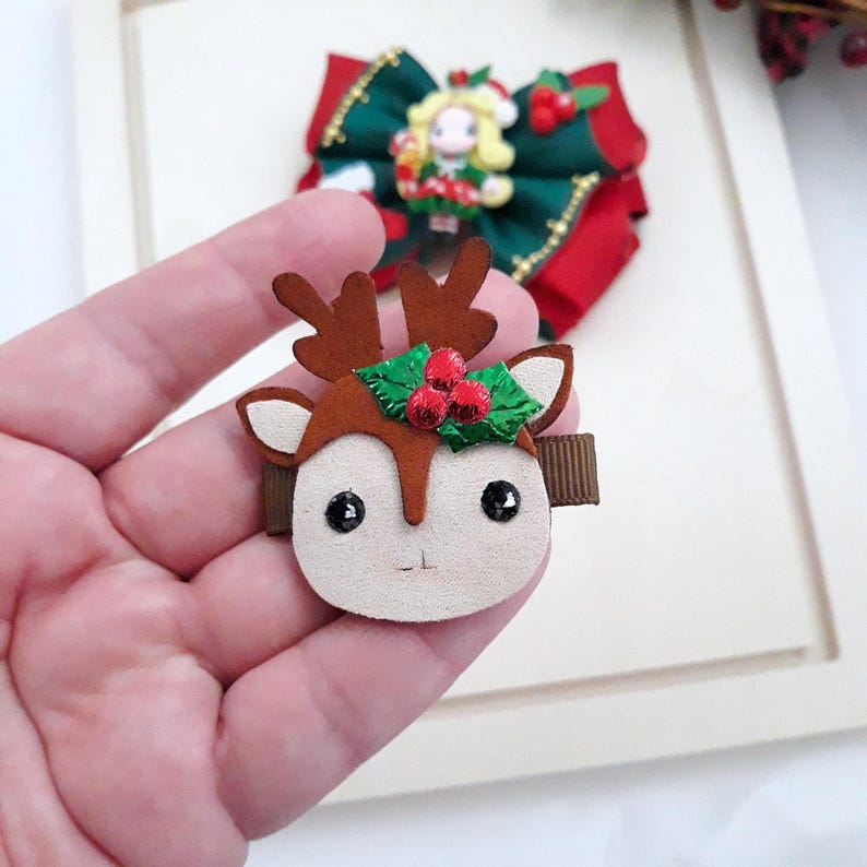 Christmas Hair Bow Set, Reindeer Hair Clip, Clay Doll Hairbow - Etsy
