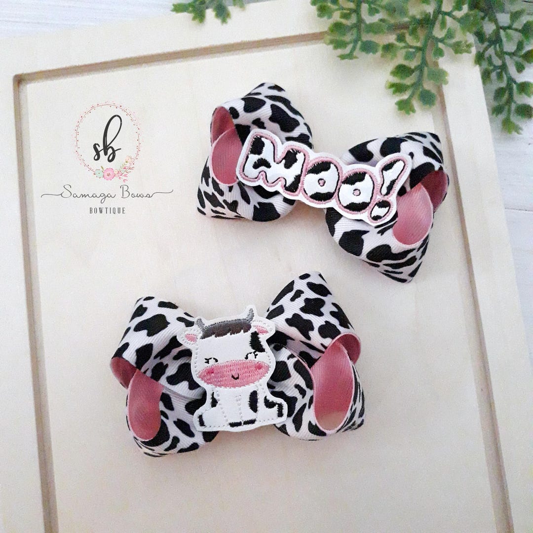 Cute Cow Pigtail Bows, Pink Cow Hair Bows, Cow Birthday Bows, Boutique ...