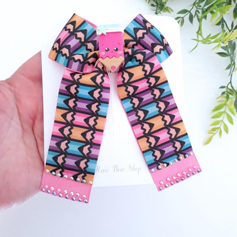 Pink Pencil Pigtail Hair Bows, Long Tail School Bow - Etsy