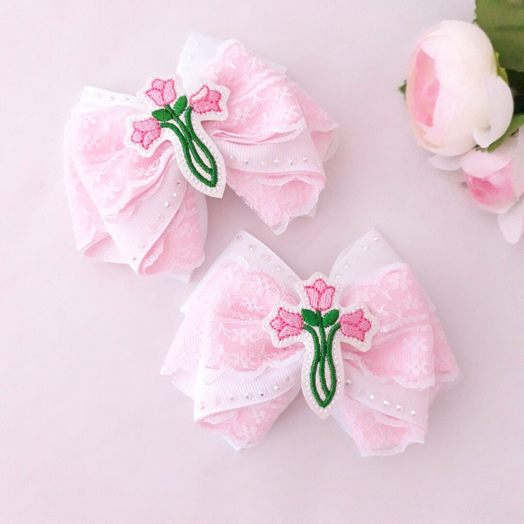 Pink Easter Hair Bows, Pink and White Lace Bows, Easter Hair Bows ...