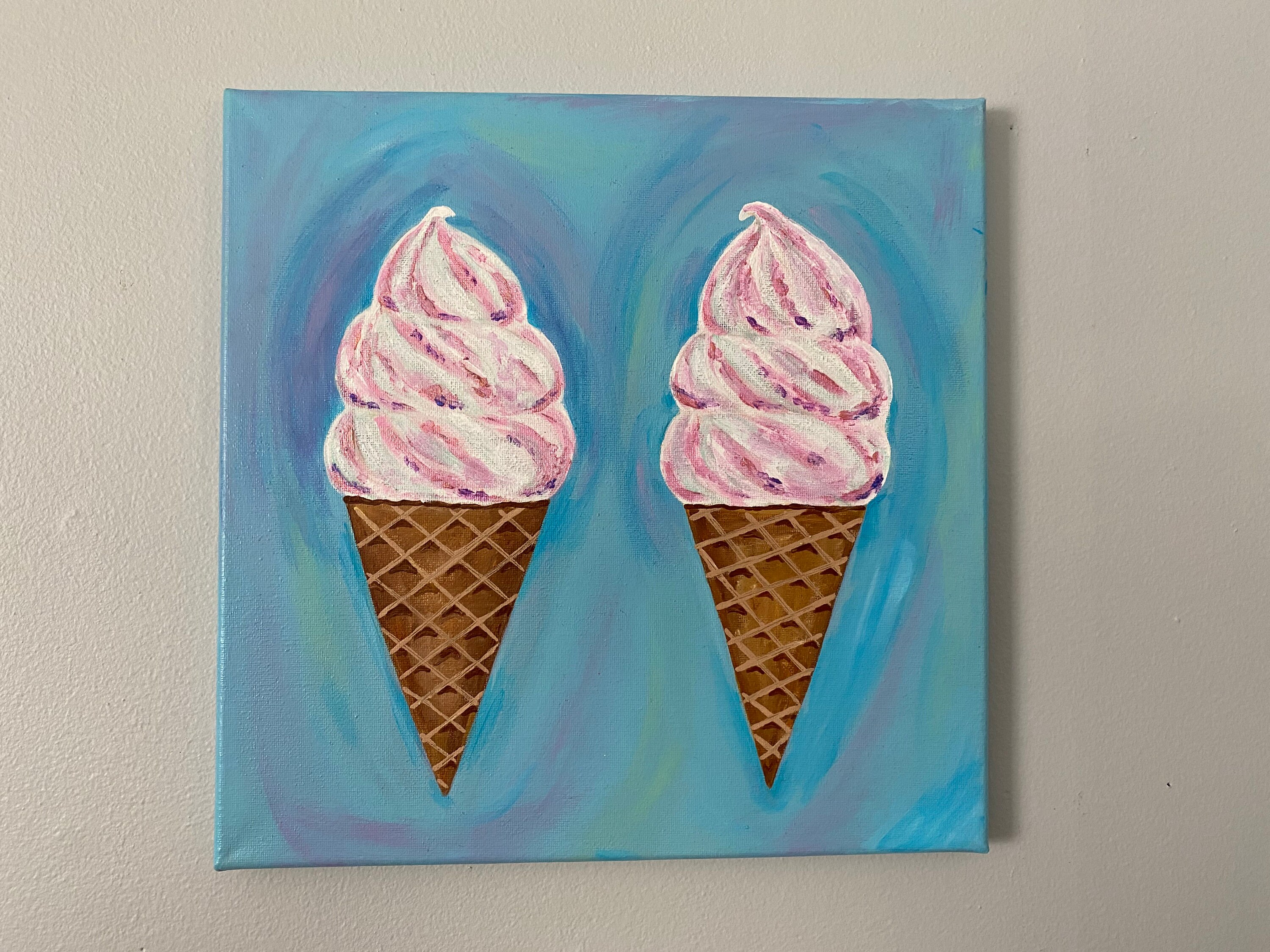 Ice Cream Cone Painting - Dessert Art - Acrylic on 12” X 12” Stretched ...