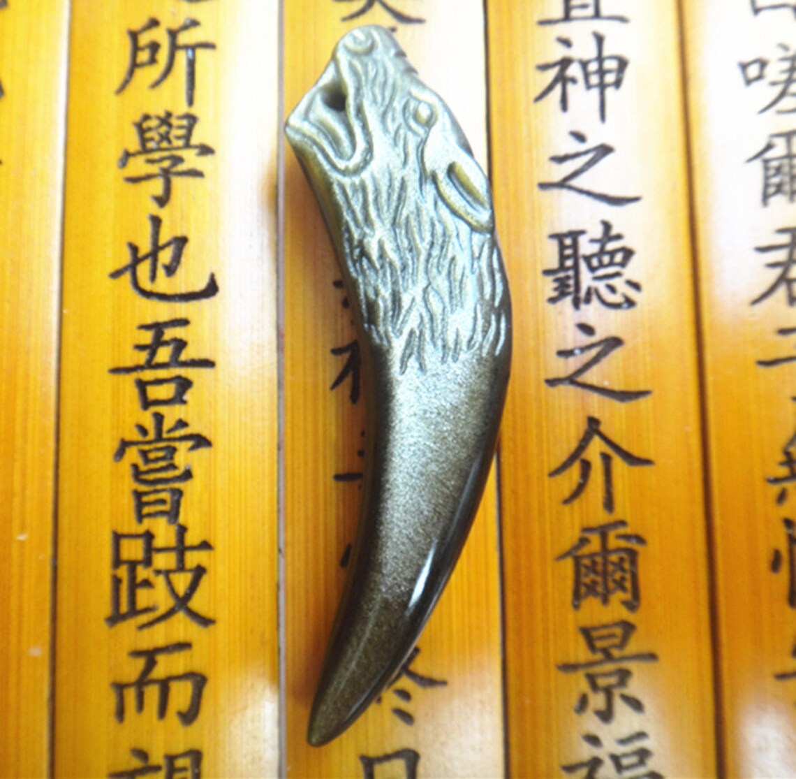 Natural Gold Obsidian Wolf Tooth Necklace Pendant Lucky to Avoid Evil ...