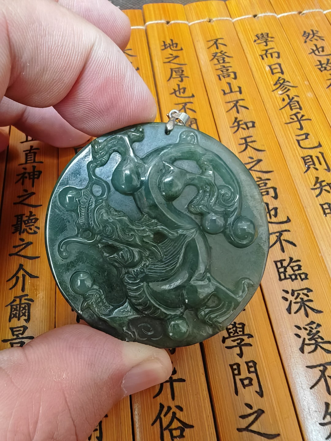 Jade Engraving Dragon Genuine Natural Spinach Green Jade Stone Carved ...