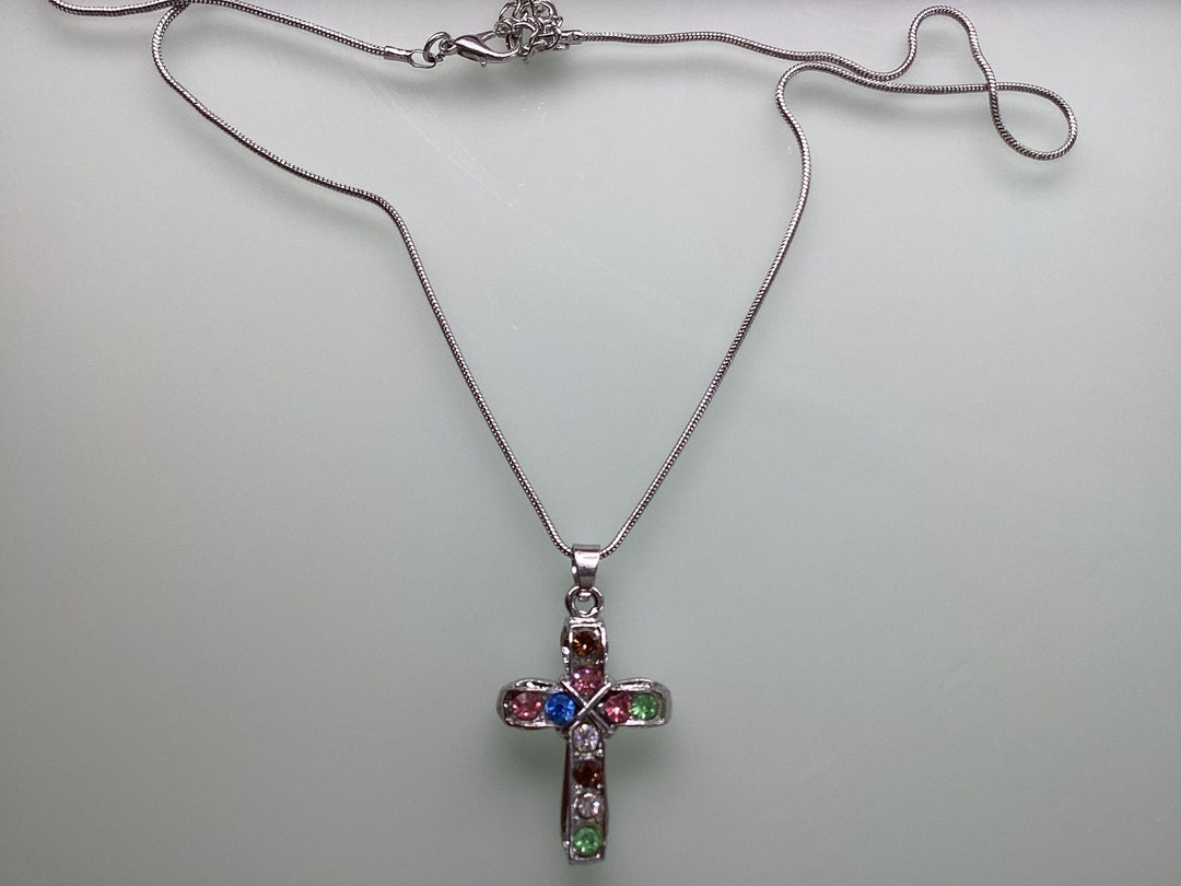 Fashion Cross Necklace Multi Color Crystals 20 Inch Cross Necklace ...