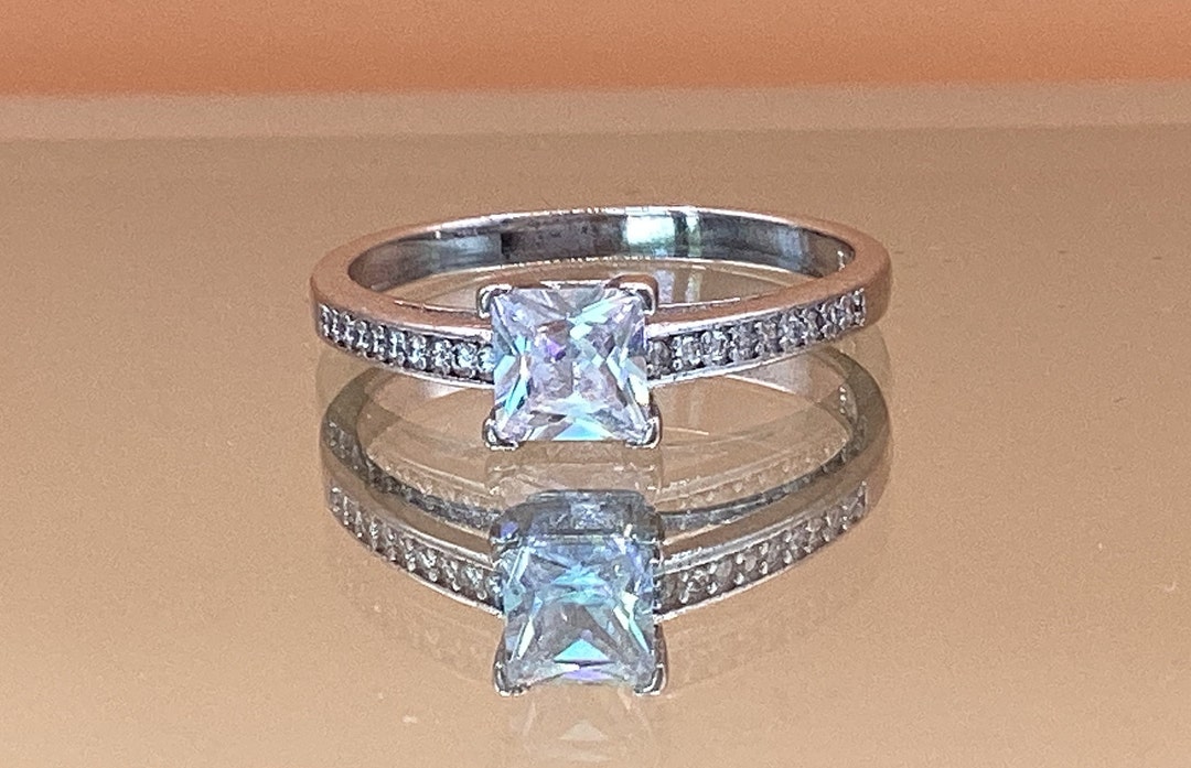 Square Engagement Ring Sterling Silver Princess Cut Cubic Zirconia ...