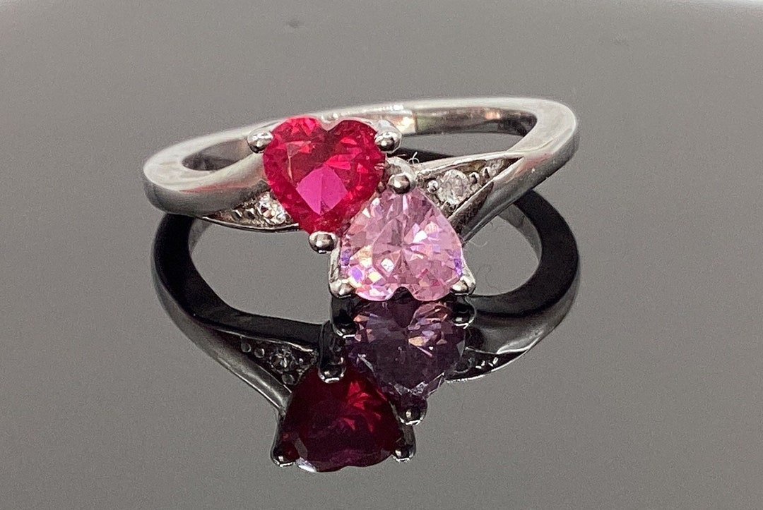 Double Heart Ring Pink Heart and Red Heart Ring 2 Hearts Ring Sweetheart Ring Valentines Gift ...