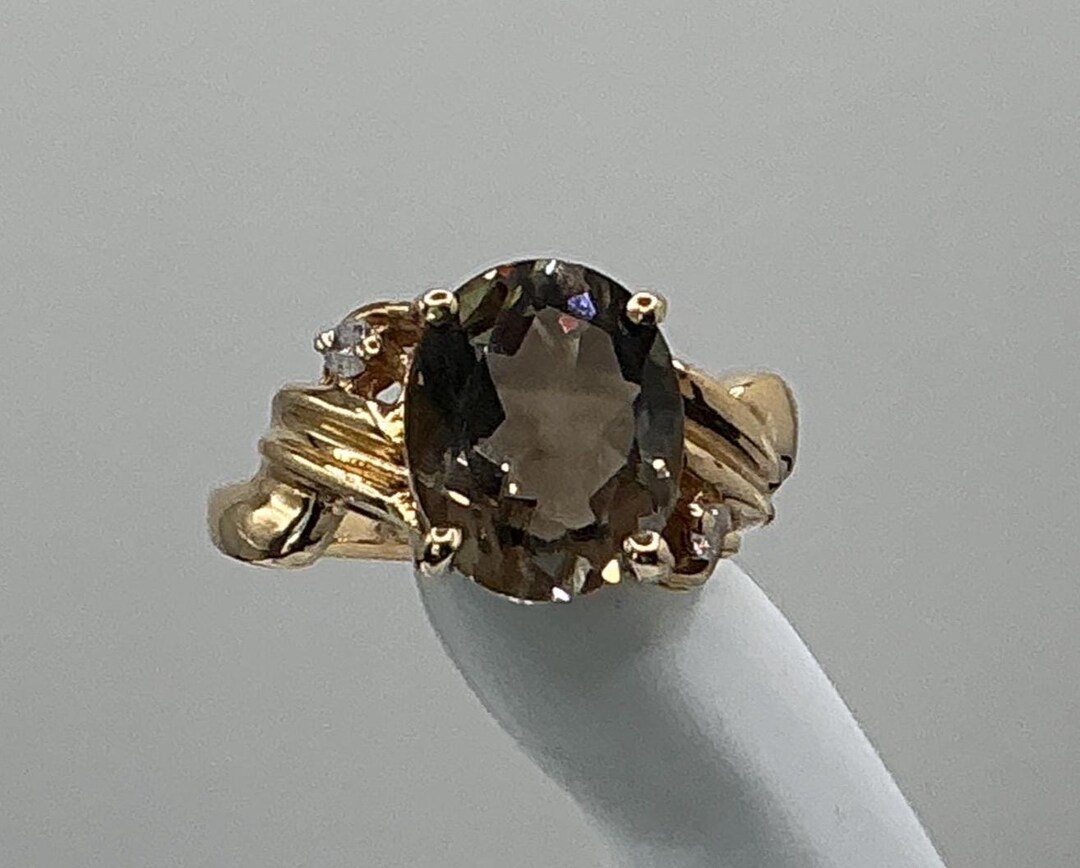 Vintage Smokey Quartz Ring With Diamonds 14k Yellow Gold Oval Topaz ...