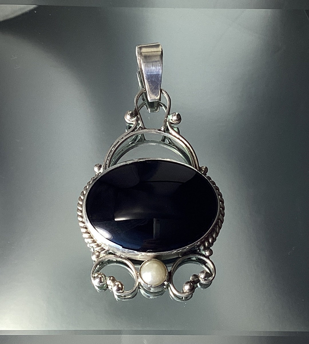 Antique Black Onyx & Pearl Omega Slide Pendant Amazing Art Black Onyx ...