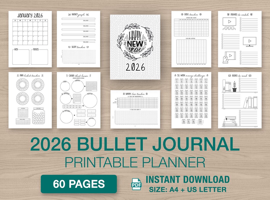 SALE 2026 Bullet Journal A4 & US Letter Size Printable 12 Month Starter ...