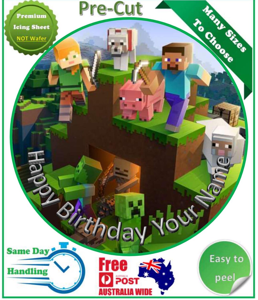 Minecraft Icing Edible Birthday Cake Topper Round Image - Etsy