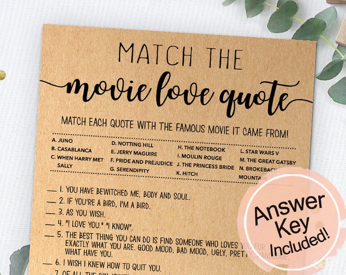 Match the Movie Love Quote Game, Bridal Shower Games Printable, Bridal ...