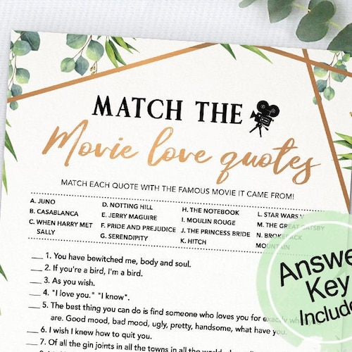 Match the Movie Love Quotes Game Bridal Shower Game Floral | Etsy