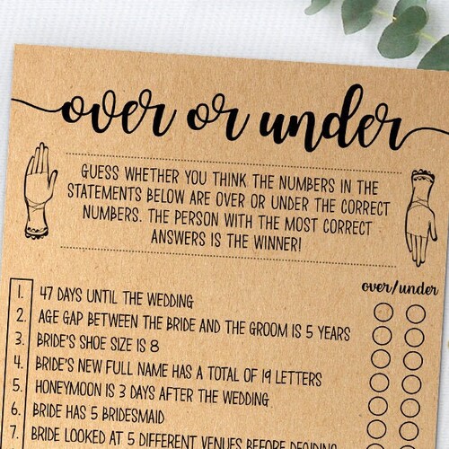 Bridal Over or Under Bridal Shower Games Printable Bridal - Etsy