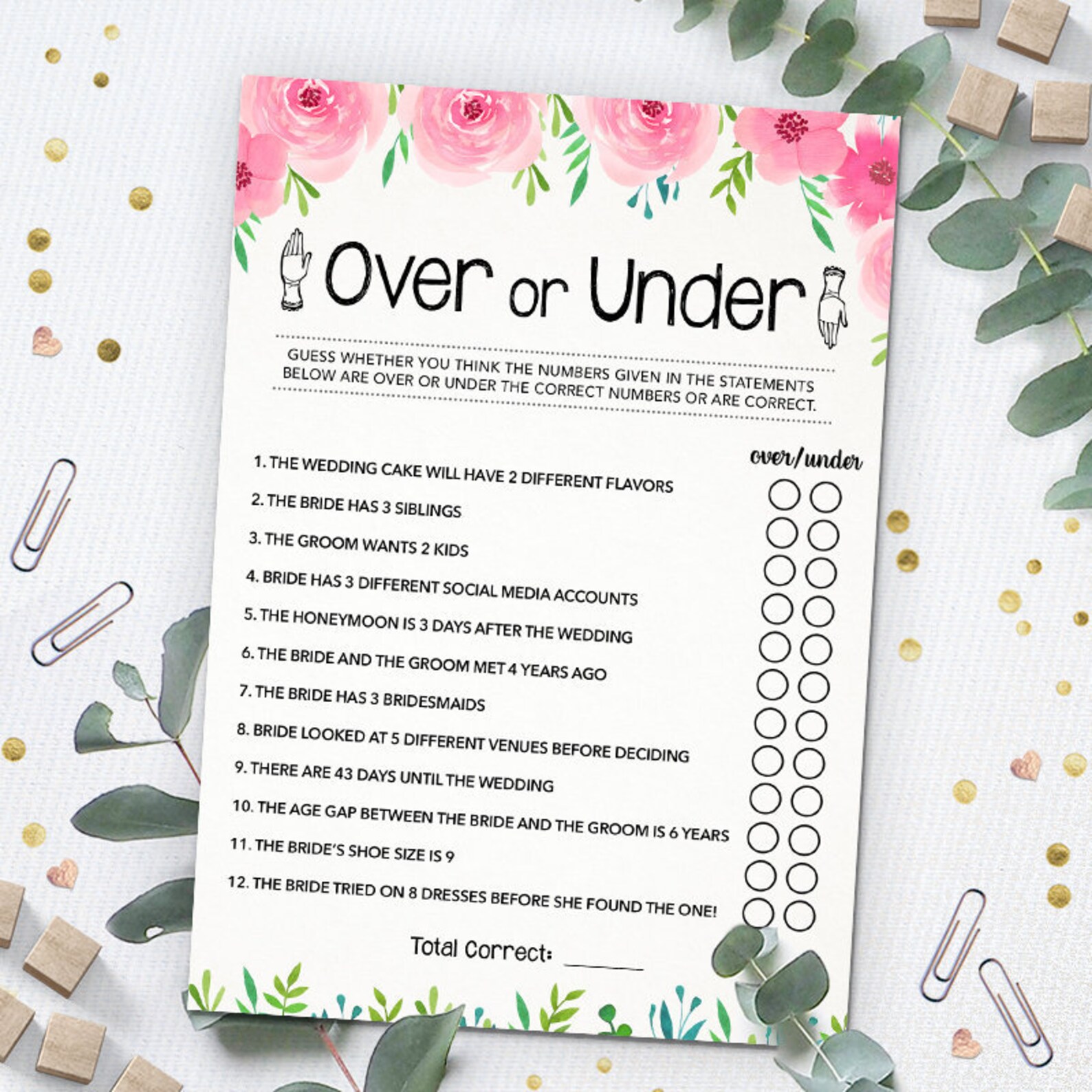 Over Or Under Bridal Shower Game Printable Bridal Shower Etsy Uk