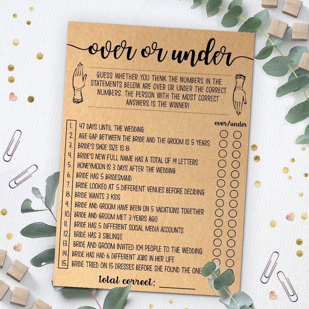Bridal Over or Under Bridal Shower Games Printable Bridal | Etsy Canada