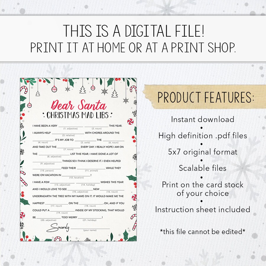 Dear Santa Christmas Mad Libs Letter to Santa Printable - Etsy