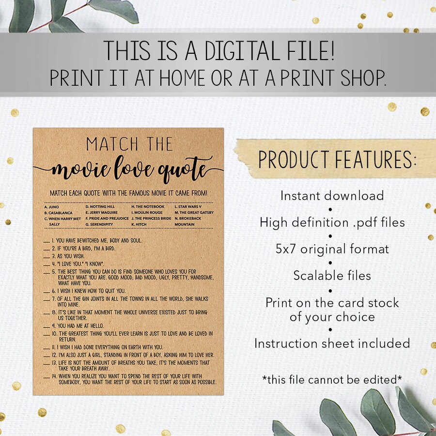 Match the Movie Love Quote Game Bridal Shower Games - Etsy