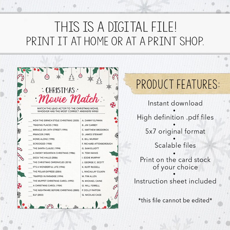 Christmas Movie Match Actors Game Christmas Game Printable - Etsy