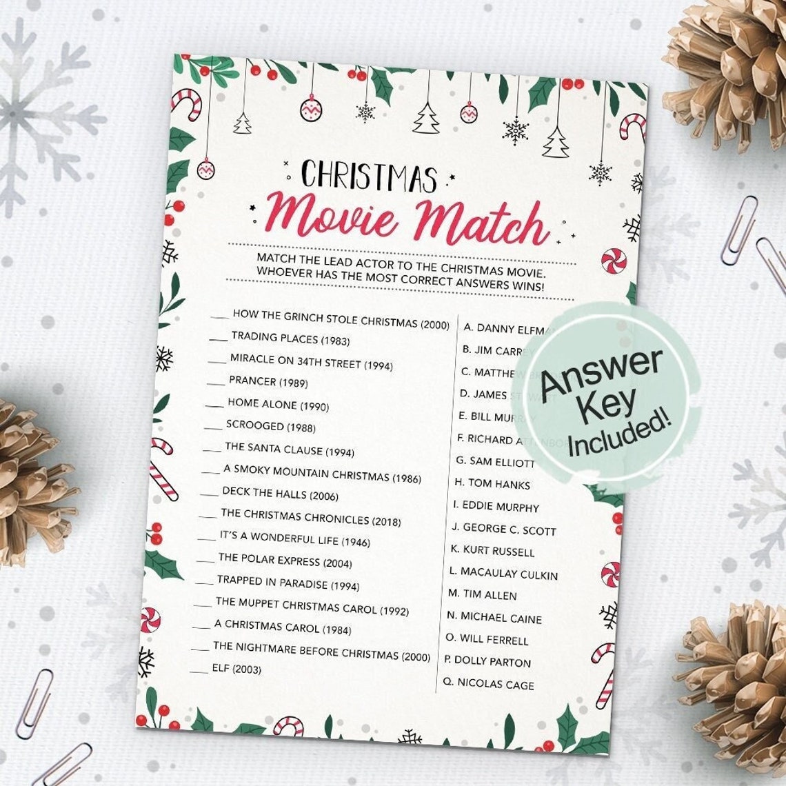 Christmas Movie Match Actors Game Christmas Game Printable - Etsy
