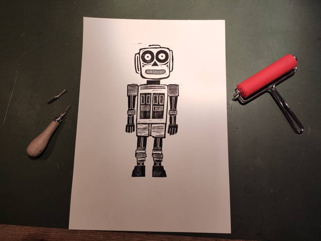 Original Linocut - Robot / Robot Head Print, Handmade Illustration ...