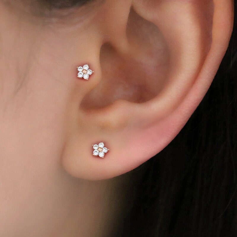 Tiny Flower Tragus Earring 14K Gold Tragus Piercing 14k Gold - Etsy