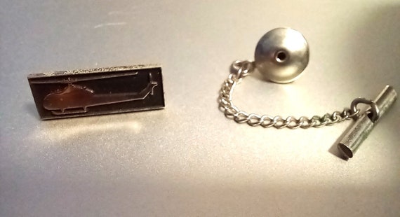 Helicopter Tie Pin / Badge Silver on Black - Gem